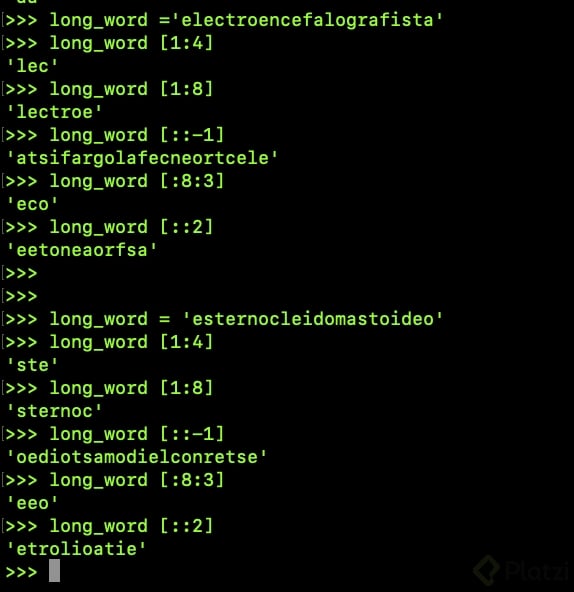 Operaciones con strings: Slices en python - Platzi Operaciones con strings: Slices en python - Platzi